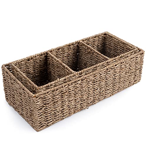 Wicker Storage Basket - Rectangular Basket - Long Storage Wicker Baskets for Organizing - Rectangular Wicker Basket for Shelves- Toilet Basket Tank Top (Seagrass)