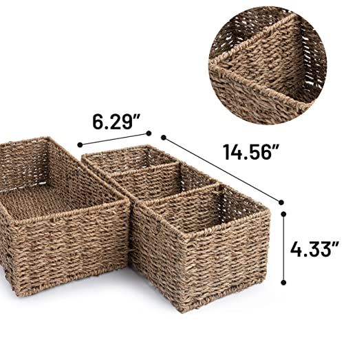 Wicker Storage Basket - Rectangular Basket - Long Storage Wicker Baskets for Organizing - Rectangular Wicker Basket for Shelves- Toilet Basket Tank Top (Seagrass)