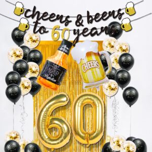 60th Birthday Decorations for Men, Happy 60th Birthday Decorations with 40 Inch Gold 60 Number Balloons, Birthday Banner, Latex Balloon, Fringe Curtains and Foil Balloons