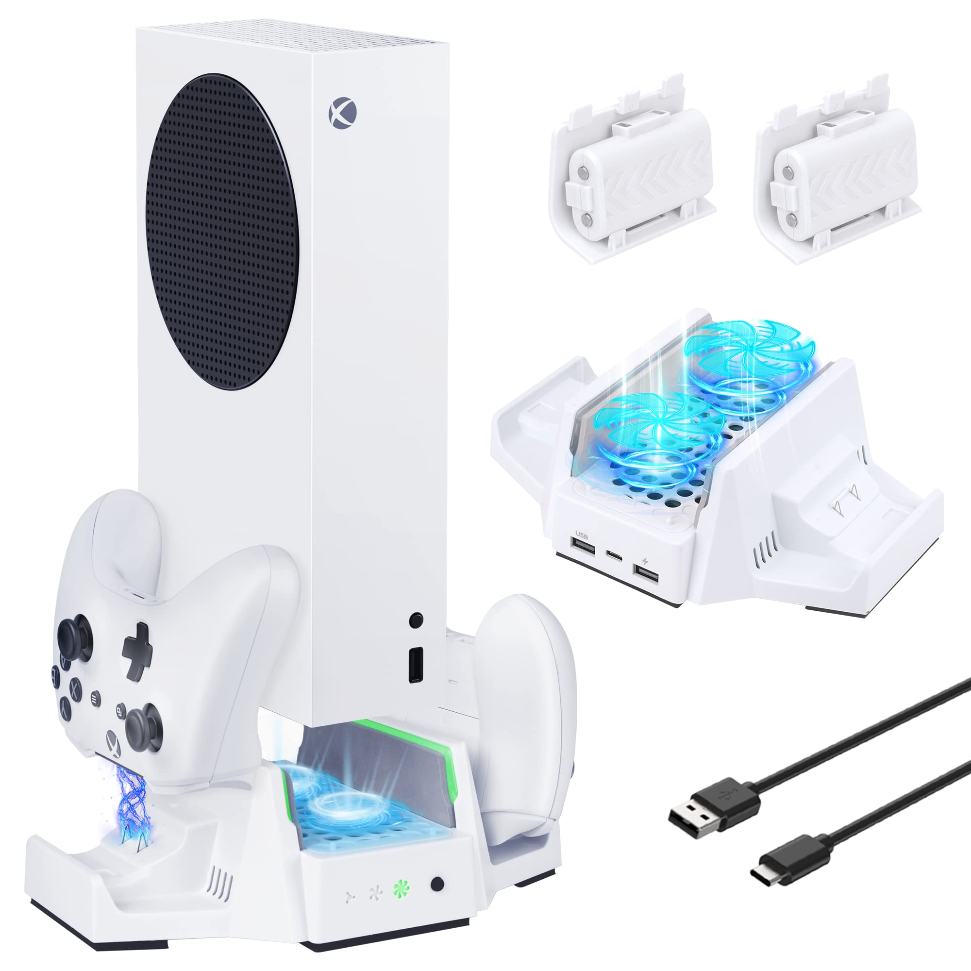 Cooling Stand for Xbox Series S with Dual Cooling Fan, ZAONOOL Dual Controller Charging Dock with LED Indicator and Extra Two 800mAh Rechargeable Battery, 3 Gears Adjustable Speed and Low Noise