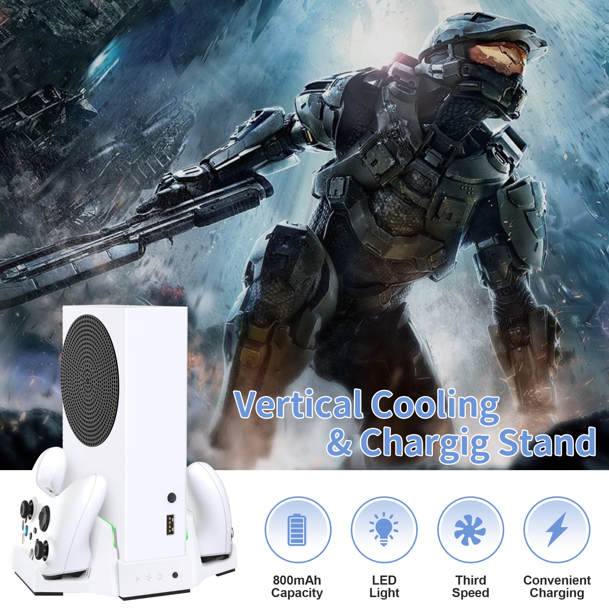 Cooling Stand for Xbox Series S with Dual Cooling Fan, ZAONOOL Dual Controller Charging Dock with LED Indicator and Extra Two 800mAh Rechargeable Battery, 3 Gears Adjustable Speed and Low Noise