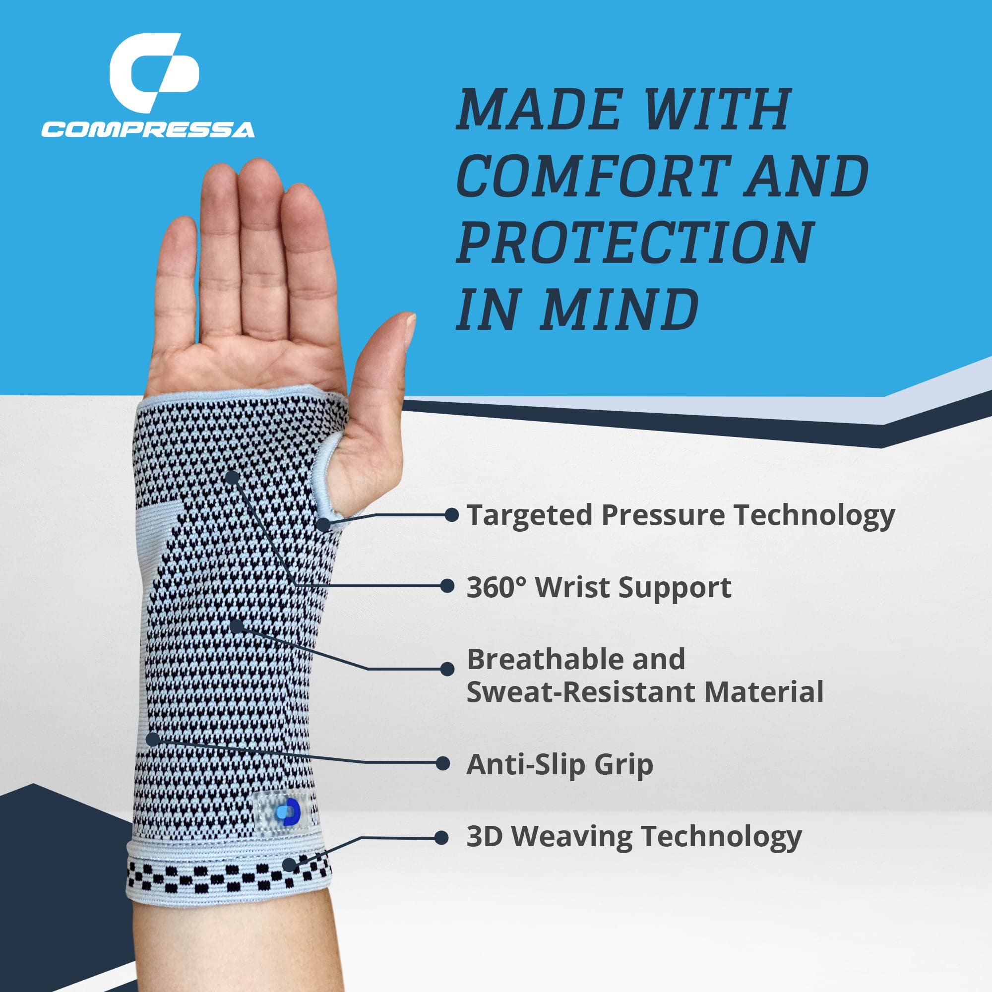 Compressa Wrist Compression Sleeve - Helps Relieve Carpal Tunnel, Tendonitis & Reduces Swelling - All Day Comfort for Joint Support