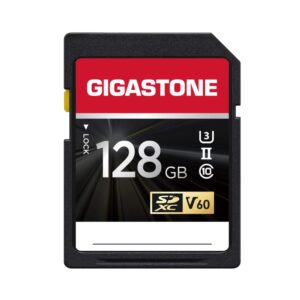 gigastone 128gb sd card uhs-ii v60 u3 sdxc memory card high speed read up to 250mb/s 4k ultra hd uhd video for dslr canon nikon sony pentax kodak olympus panasonic digital camera, with 1 mini case