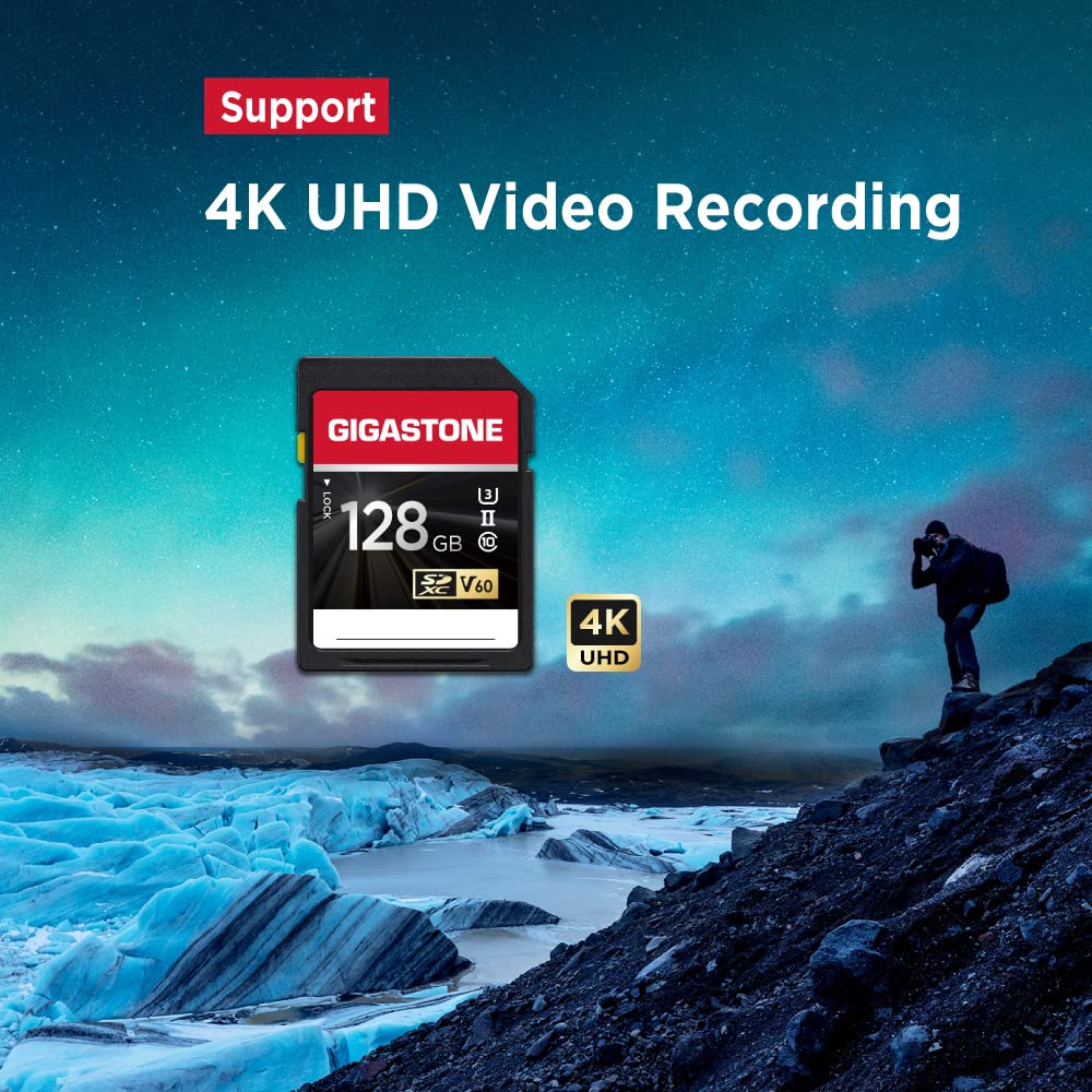 Gigastone 128GB SD Card UHS-II V60 U3 SDXC Memory Card High Speed Read up to 250MB/s 4K Ultra HD UHD Video for DSLR Canon Nikon Sony Pentax Kodak Olympus Panasonic Digital Camera, with 1 Mini case