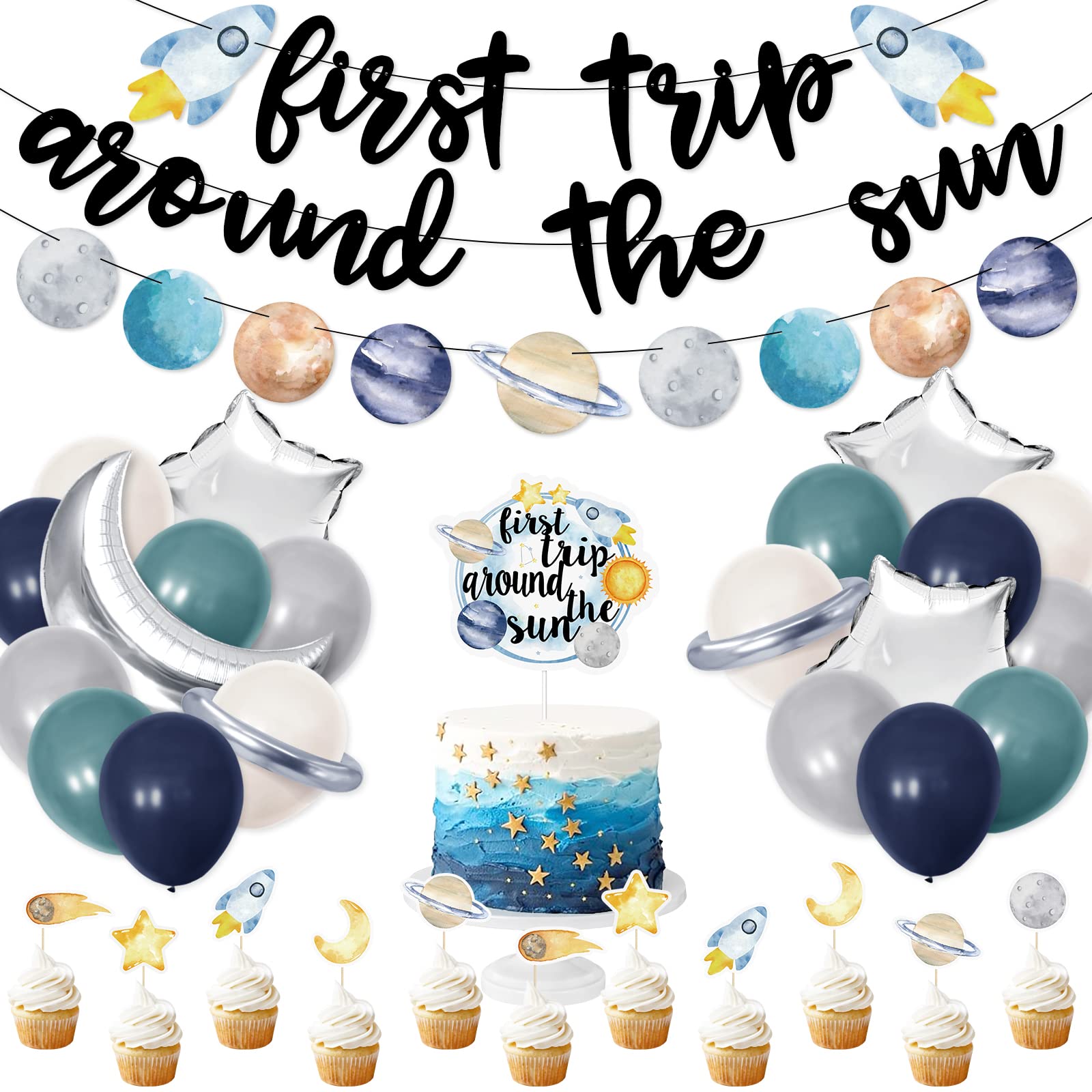 First trip Around the Sun Birthday Decorations -58pcs Outer Space 1st Birthday Banner First Trip Around the Sun Cake Toppers Solar System Party Balloons for Galaxy Party Supplies set