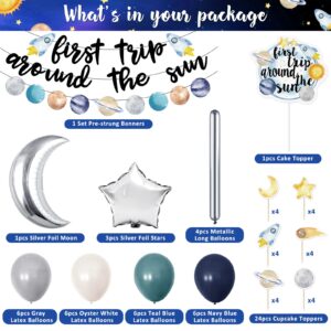 First trip Around the Sun Birthday Decorations -58pcs Outer Space 1st Birthday Banner First Trip Around the Sun Cake Toppers Solar System Party Balloons for Galaxy Party Supplies set