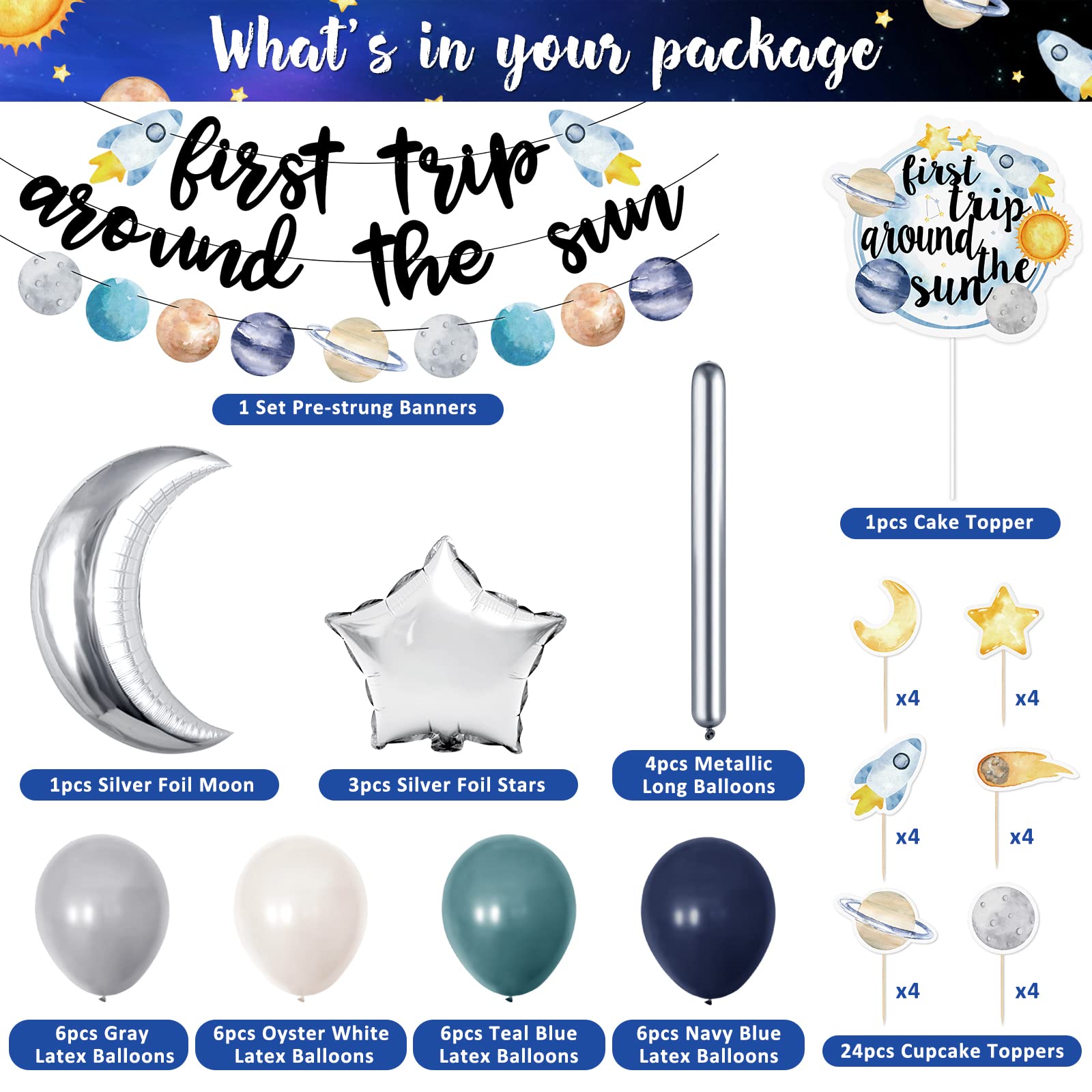 First trip Around the Sun Birthday Decorations -58pcs Outer Space 1st Birthday Banner First Trip Around the Sun Cake Toppers Solar System Party Balloons for Galaxy Party Supplies set