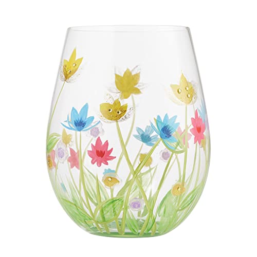 Enesco Designs by Lolita Field of Dreams Floral Hand-Painted Artisan Stemless Wine Glass, 20 Ounce, Multicolor