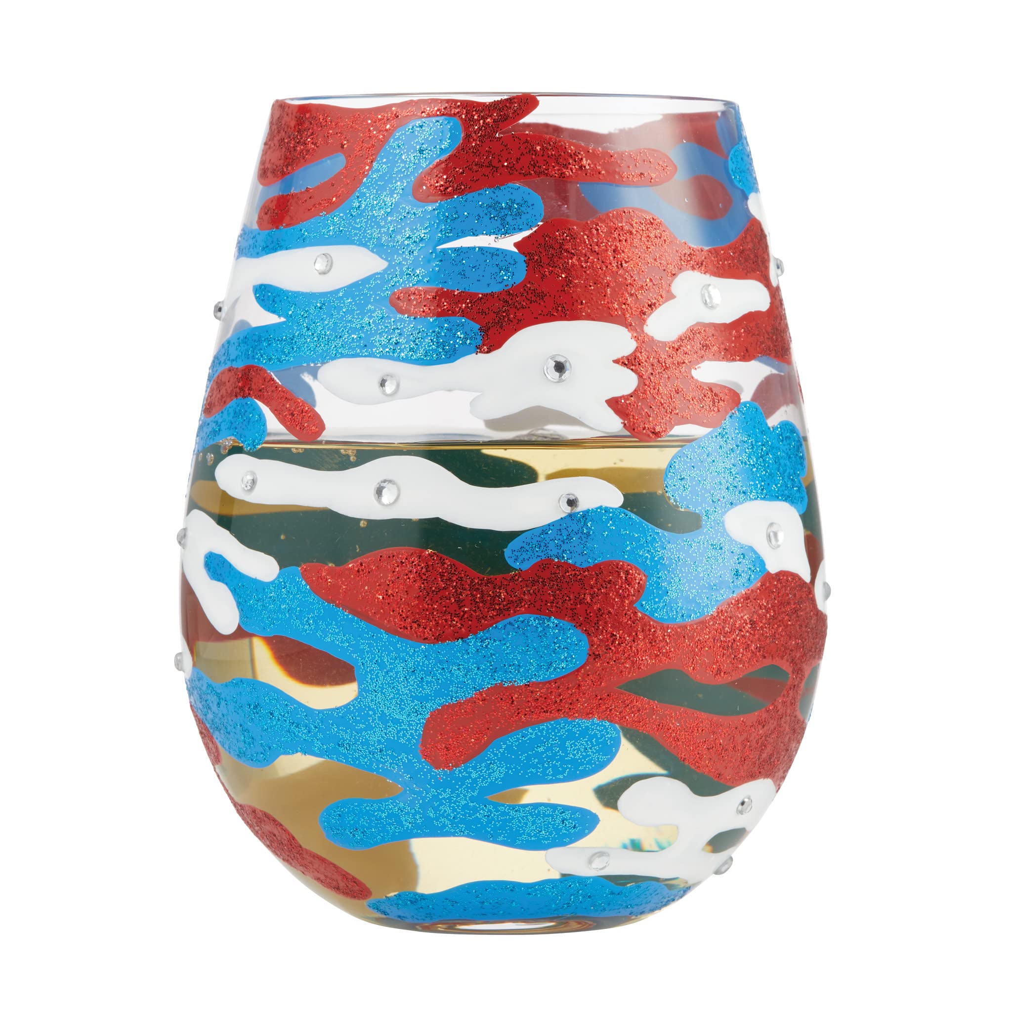 Enesco Designs by Lolita Patriotic Camoflauge Hand-Painted Artisan Stemless Wine Glass, 20 Ounce, Multicolor