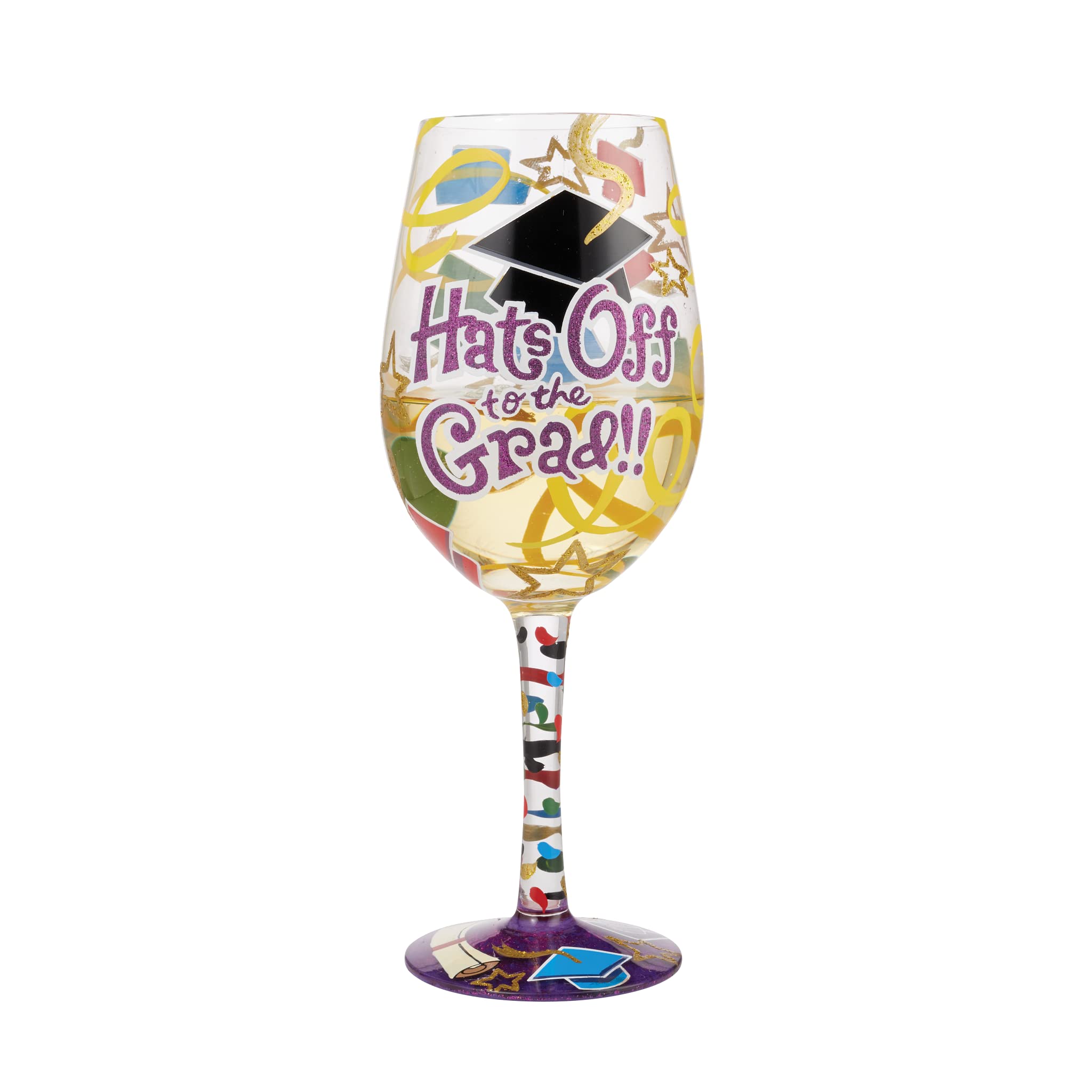 Enesco Designs by Lolita Hats Off to The Graduate Hand-Painted Artisan Wine Glass, 15 Ounce, Multicolor