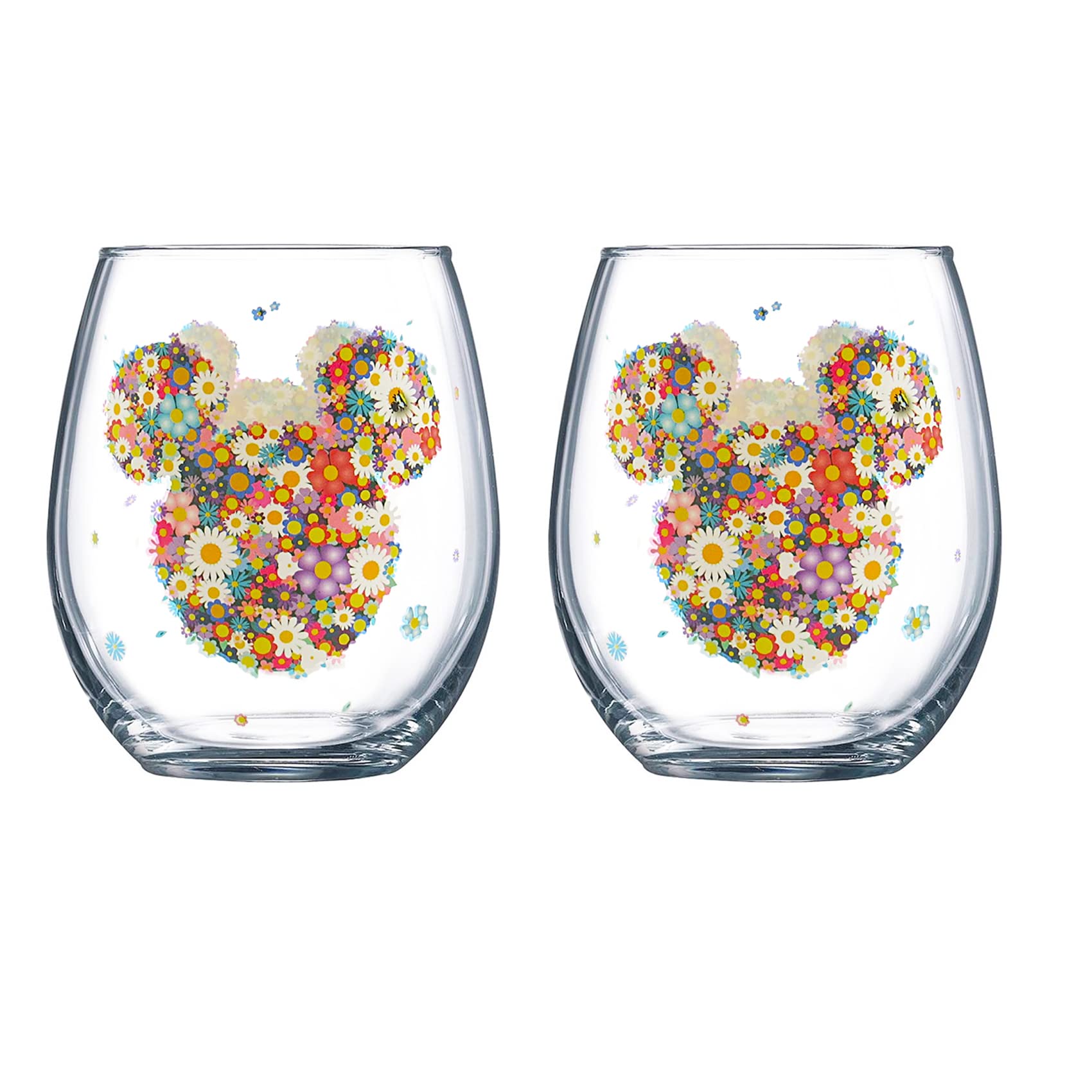 Jerry Leigh Multicolored Floral Mickey Mouse Outlined Stemless Drinking Glasses, Disney Souvenir Collectable Flower Print Adult Glass, 14.5 oz, 2 Pack, Multicolor