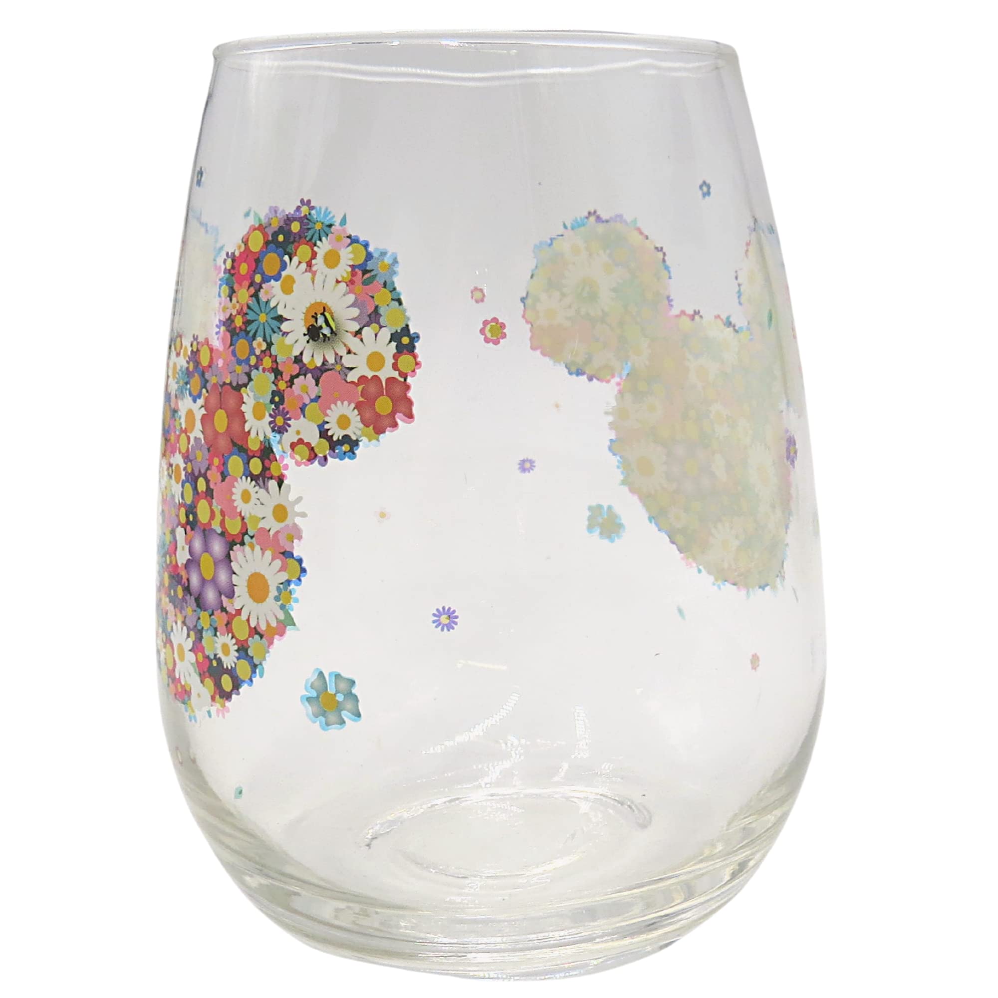 Jerry Leigh Multicolored Floral Mickey Mouse Outlined Stemless Drinking Glasses, Disney Souvenir Collectable Flower Print Adult Glass, 14.5 oz, 2 Pack, Multicolor