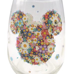 Jerry Leigh Multicolored Floral Mickey Mouse Outlined Stemless Drinking Glasses, Disney Souvenir Collectable Flower Print Adult Glass, 14.5 oz, 2 Pack, Multicolor