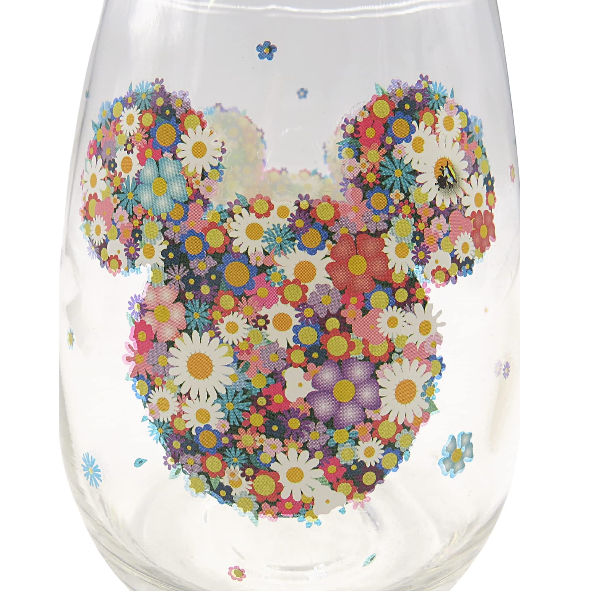 Jerry Leigh Multicolored Floral Mickey Mouse Outlined Stemless Drinking Glasses, Disney Souvenir Collectable Flower Print Adult Glass, 14.5 oz, 2 Pack, Multicolor