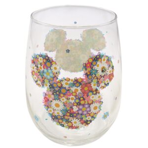 Jerry Leigh Multicolored Floral Mickey Mouse Outlined Stemless Drinking Glasses, Disney Souvenir Collectable Flower Print Adult Glass, 14.5 oz, 2 Pack, Multicolor