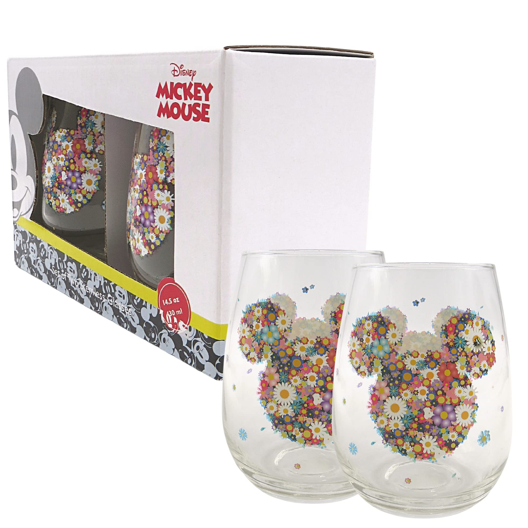 Jerry Leigh Multicolored Floral Mickey Mouse Outlined Stemless Drinking Glasses, Disney Souvenir Collectable Flower Print Adult Glass, 14.5 oz, 2 Pack, Multicolor