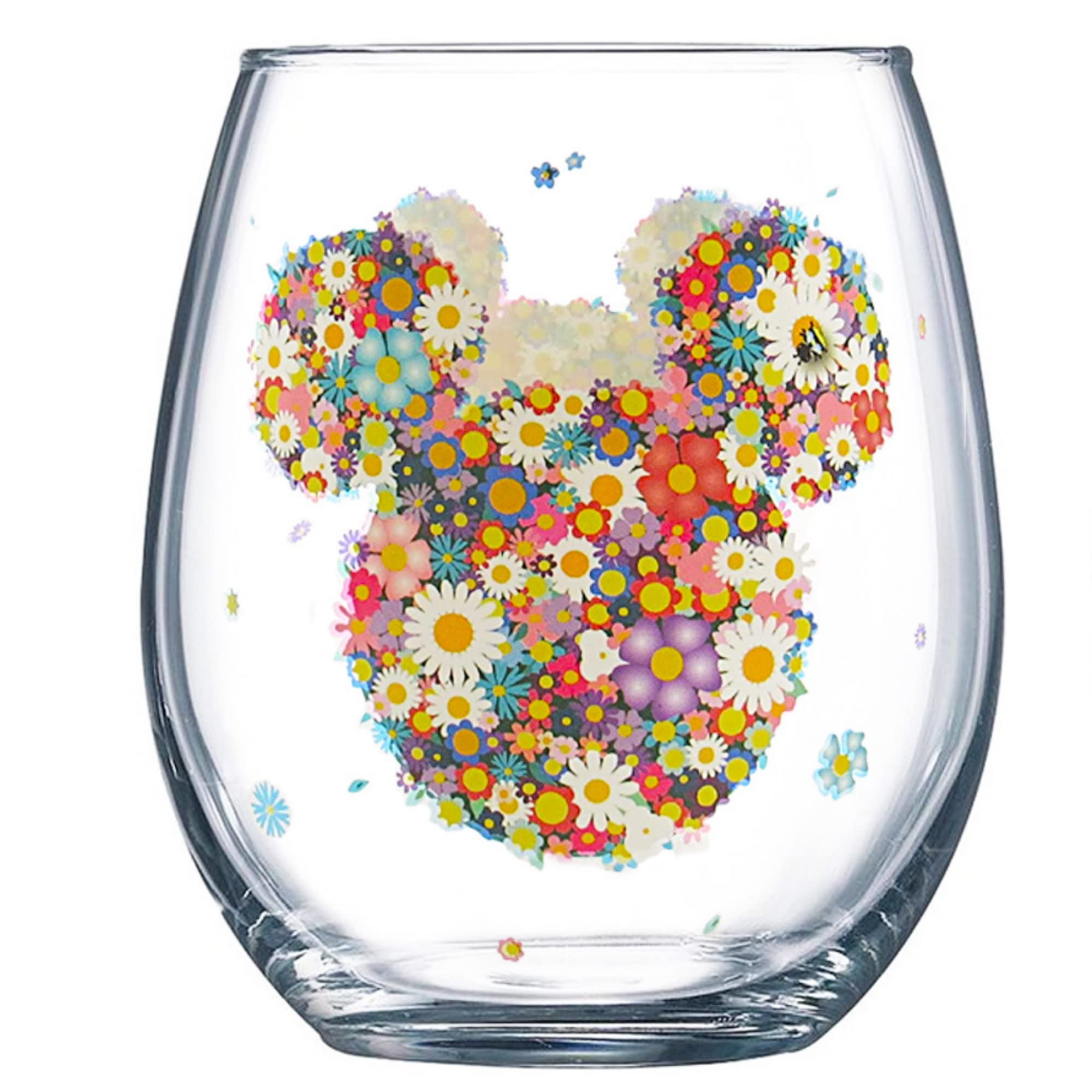 Jerry Leigh Multicolored Floral Mickey Mouse Outlined Stemless Drinking Glasses, Disney Souvenir Collectable Flower Print Adult Glass, 14.5 oz, 2 Pack, Multicolor