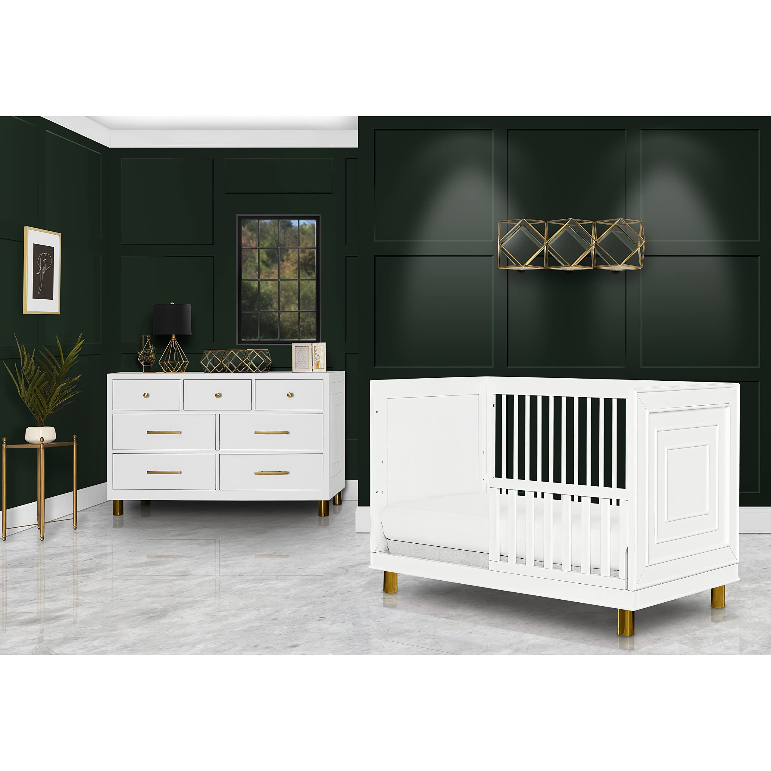 Evolur Loft Art Deco 3-in-1 Convertible Crib in White with Gold Hardware, Greenguard Gold Certified, 3 Mattress Height Settings, Features Rounded Spindles, Converts to Toddler Bed & Daybed