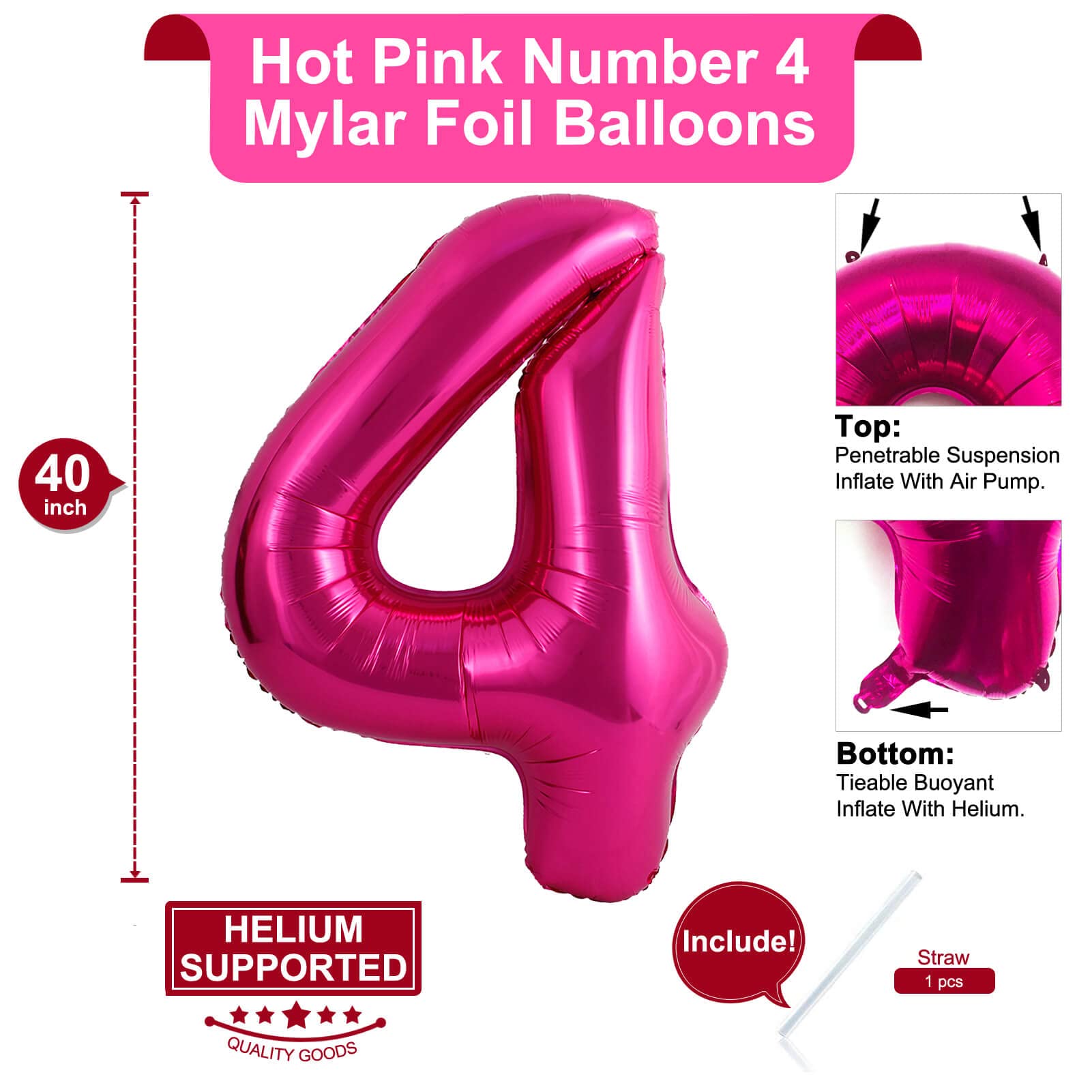 40 Inch Hot Pink Number 4 Balloon Large Size Jumbo Digit Mylar Foil Helium Bright Pink Balloons for Birthday Party Celebration Decorations Graduations Anniversary Baby Shower Photo Shoot