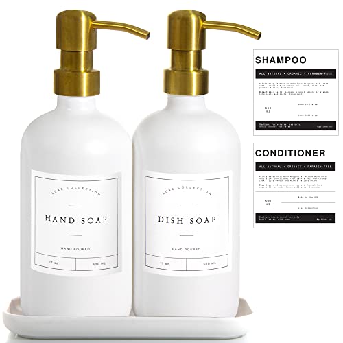 Dish Soap Dispenser for Kitchen, Hand Soap Dispenser Tray, Gold Soap Dispenser Bathroom, Mouthwash Dispenser Shampoo and Conditioner Dispenser, Glass Soap Dispenser Kitchen Soap Dispenser Set