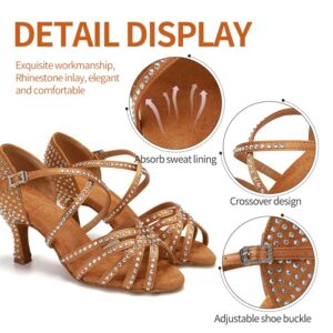 DKZSYIM Women Latin Dance Shoes Rhinestone Ballroom Salsa Performance Dancing Shoes,40402-Brown-6.5,US 10