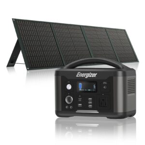 energizer portable power station 626 watt-hours with powerwin 110w solar panel for outdoors camping and emergency use, solar generator with 600-watt (peak 1000w) ac outlet, 60-watt pd fast charging