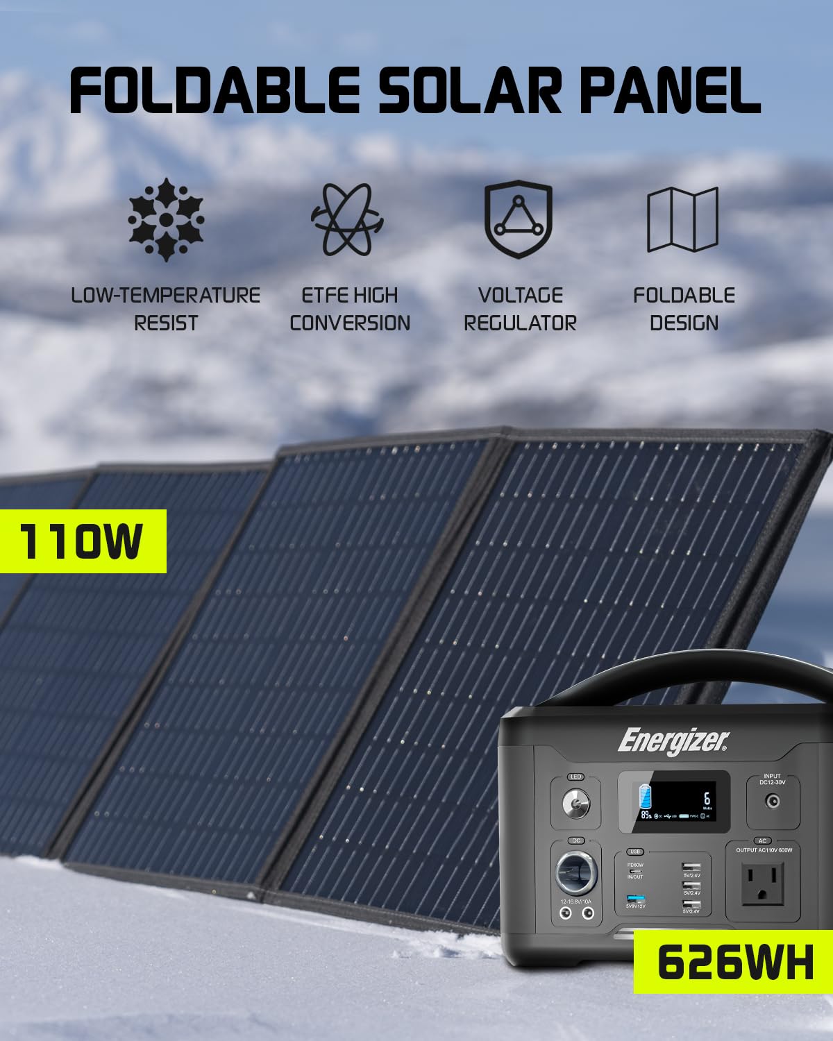 Energizer Portable Power Station 626 Watt-Hours with POWERWIN 110W Solar Panel for Outdoors Camping and Emergency Use, Solar Generator with 600-Watt (Peak 1000W) AC Outlet, 60-Watt PD Fast Charging