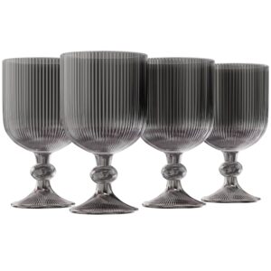 kook vintage ribbed wine glasses, ribbed glassware, colored wine glasses, goblet, art deco, set of 4, 13 oz, for water, wine, stemmed drinking glasses, embossed pattern, wedding party bar, black,