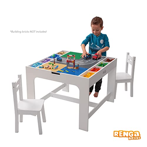 Renga Bricks Kids 2 in 1 Play Table and 2 Chair Set with Storage, Compatible with Lego and Duplo Bricks, Activity Table Playset Furniture with Modern White Color