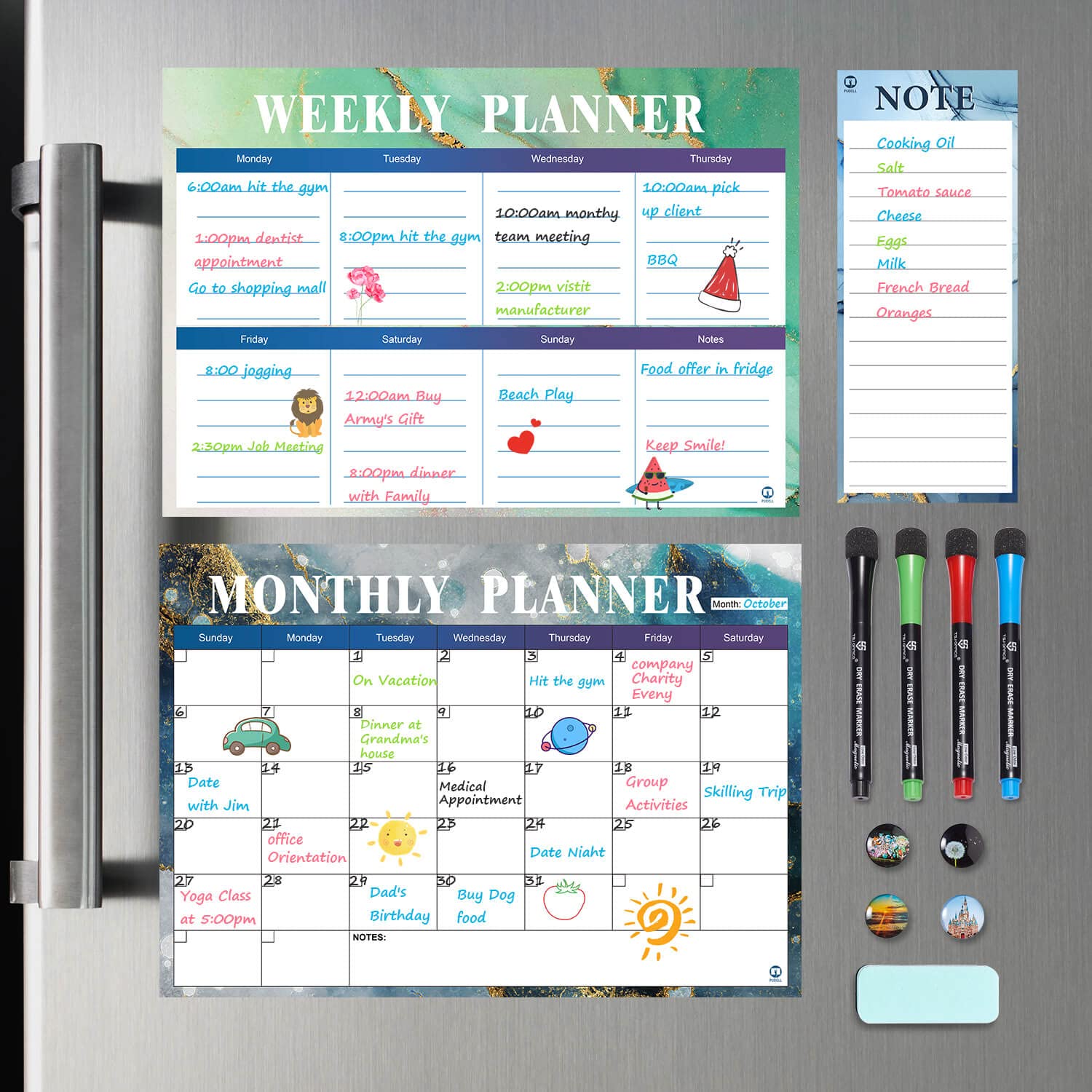 Pubell Dry Erase Calendar Whiteboard for Fridge - 3PCS Set of Monthly Calendar for Refrigerator, Magnetic Weekly Schedule Planner with Notepad List for Family Kitchen Planning Board