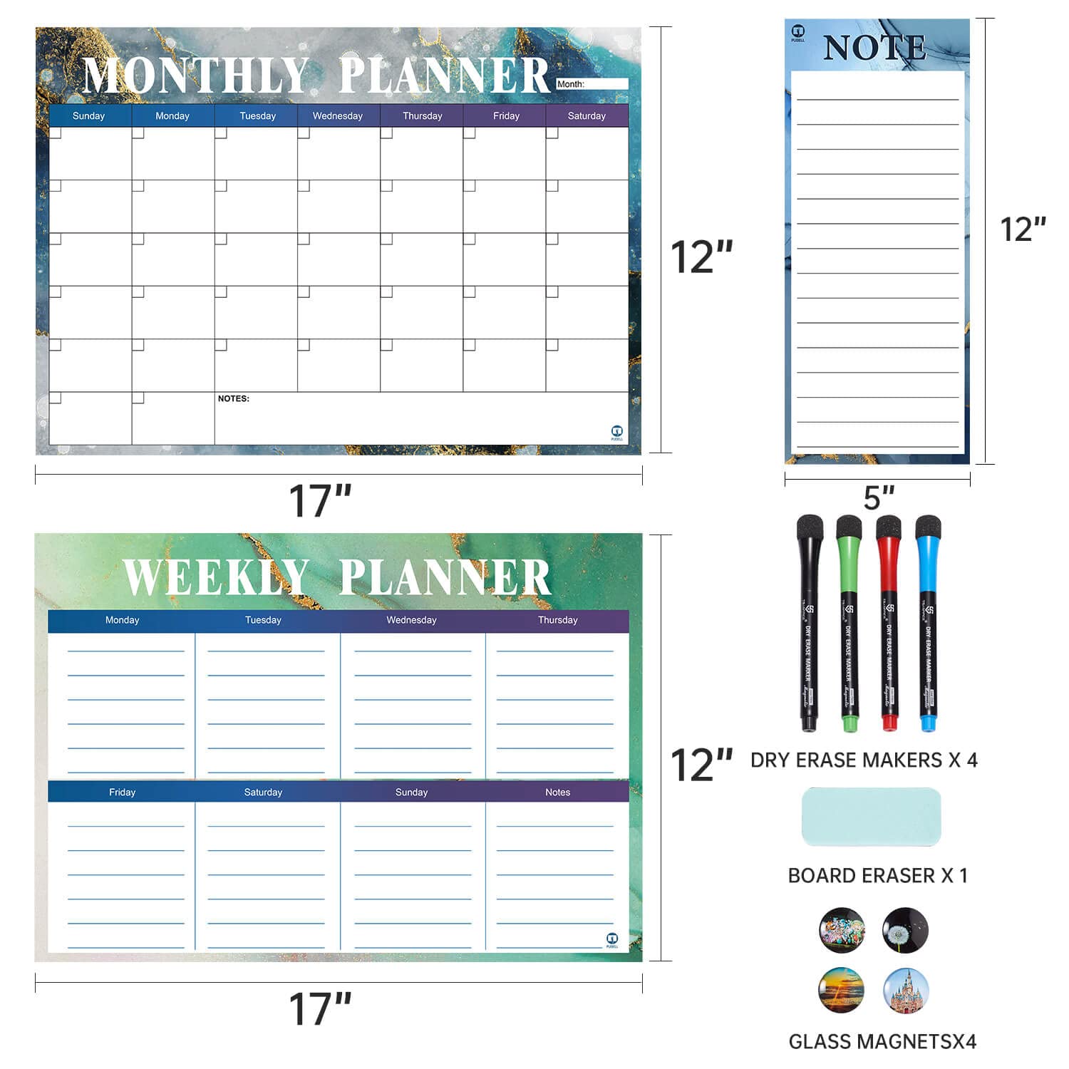 Pubell Dry Erase Calendar Whiteboard for Fridge - 3PCS Set of Monthly Calendar for Refrigerator, Magnetic Weekly Schedule Planner with Notepad List for Family Kitchen Planning Board