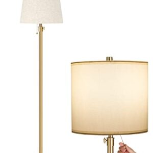 Meisoda Gold Floor Lamp, 9W 3 CCT Dimmable Standing Lamp with 2 Linen Lamp Shades and Pull Chain for Living Room, Bedroom, Office, 58" to 65" Adjustable Height, Modern Brushed Bronze Design