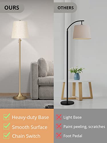 Meisoda Gold Floor Lamp, 9W 3 CCT Dimmable Standing Lamp with 2 Linen Lamp Shades and Pull Chain for Living Room, Bedroom, Office, 58" to 65" Adjustable Height, Modern Brushed Bronze Design