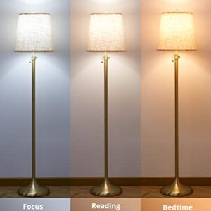 Meisoda Gold Floor Lamp, 9W 3 CCT Dimmable Standing Lamp with 2 Linen Lamp Shades and Pull Chain for Living Room, Bedroom, Office, 58" to 65" Adjustable Height, Modern Brushed Bronze Design