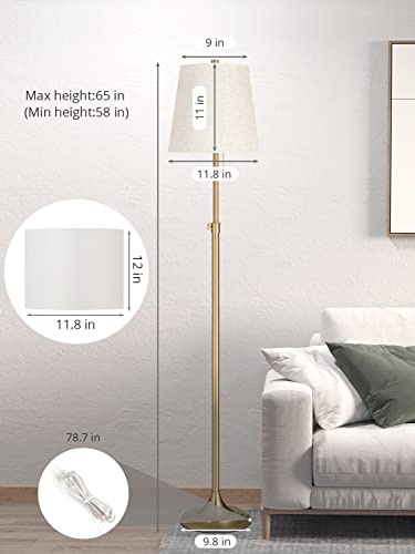 Meisoda Gold Floor Lamp, 9W 3 CCT Dimmable Standing Lamp with 2 Linen Lamp Shades and Pull Chain for Living Room, Bedroom, Office, 58" to 65" Adjustable Height, Modern Brushed Bronze Design