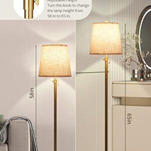 Meisoda Gold Floor Lamp, 9W 3 CCT Dimmable Standing Lamp with 2 Linen Lamp Shades and Pull Chain for Living Room, Bedroom, Office, 58" to 65" Adjustable Height, Modern Brushed Bronze Design