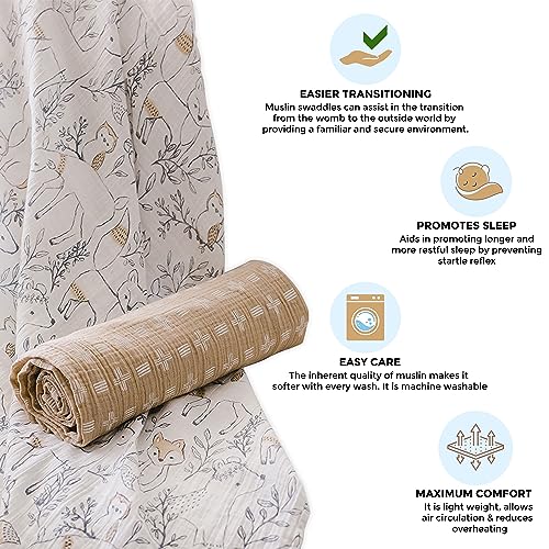 Crane Baby Soft Muslin Swaddle, Soft Swaddle Wraps for Boys and Girls, Beige and Woodland Animal, 2 Count, 47" x 47"