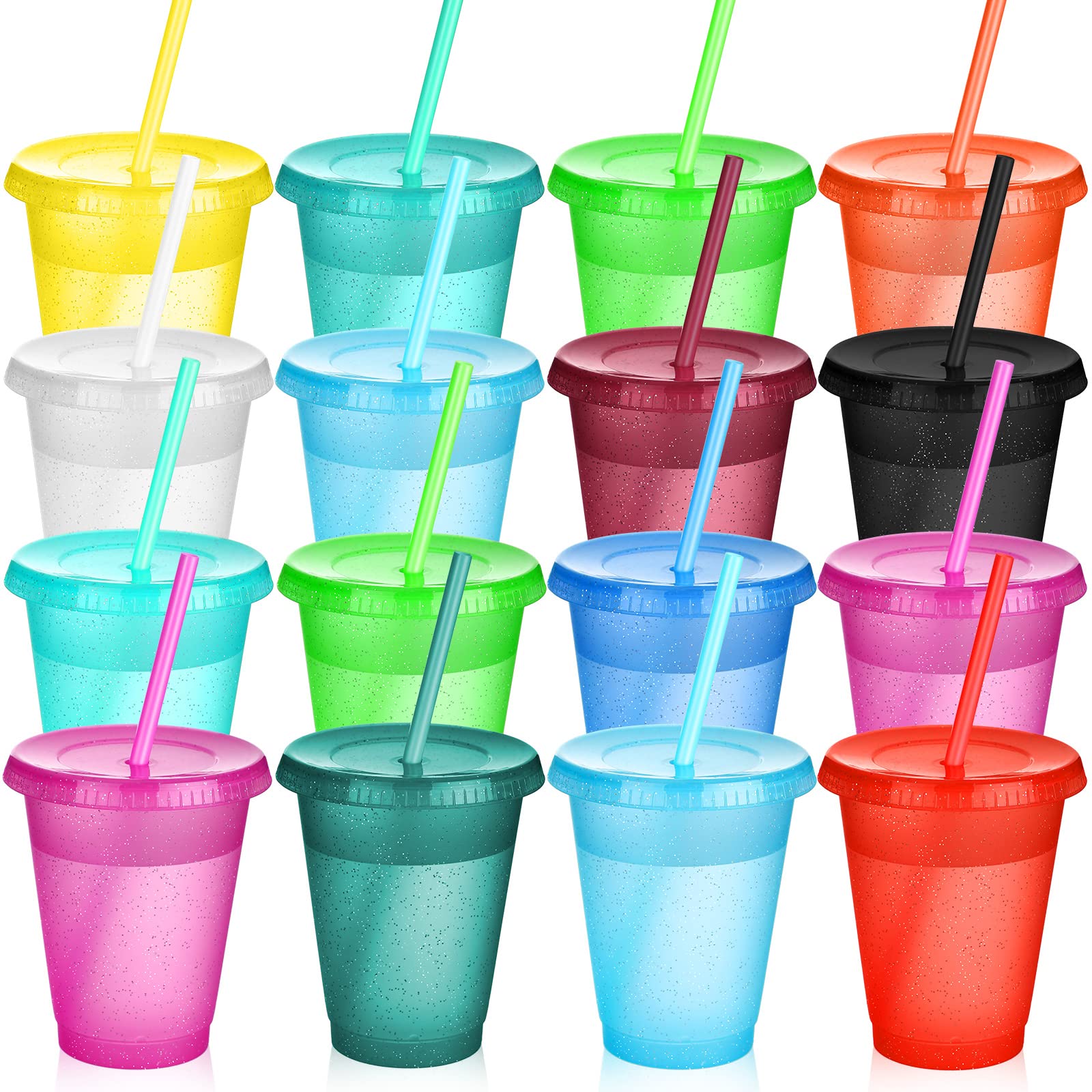 Cups with Straws and Lids Kids Tumbler with Straw Reusable Water Bottle Iced Coffee Travel Mug Cup Adults Plastic Cups for Parties Birthdays 16 oz (Bright Colors, 15 Pack)