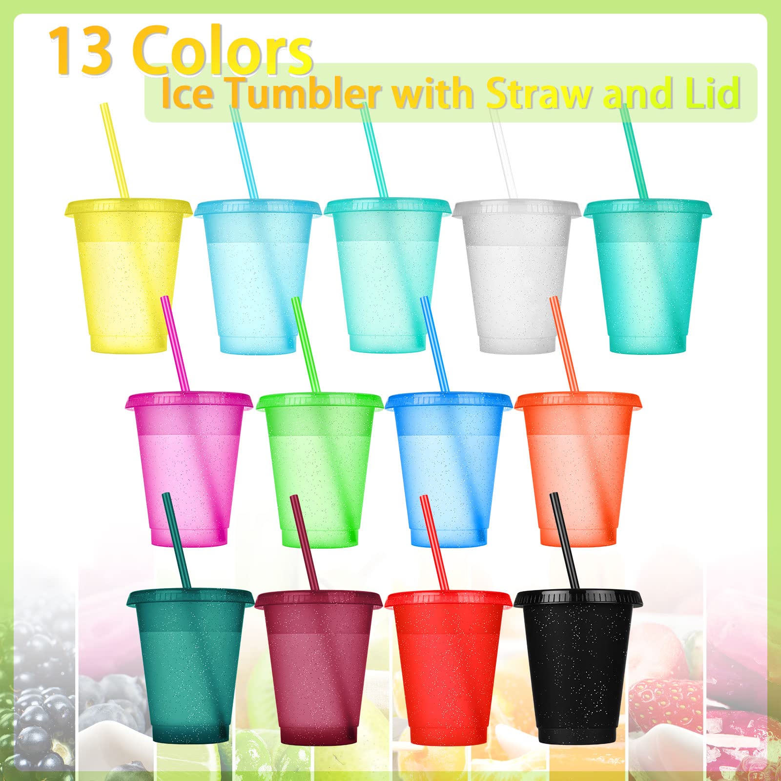 Cups with Straws and Lids Kids Tumbler with Straw Reusable Water Bottle Iced Coffee Travel Mug Cup Adults Plastic Cups for Parties Birthdays 16 oz (Bright Colors, 15 Pack)