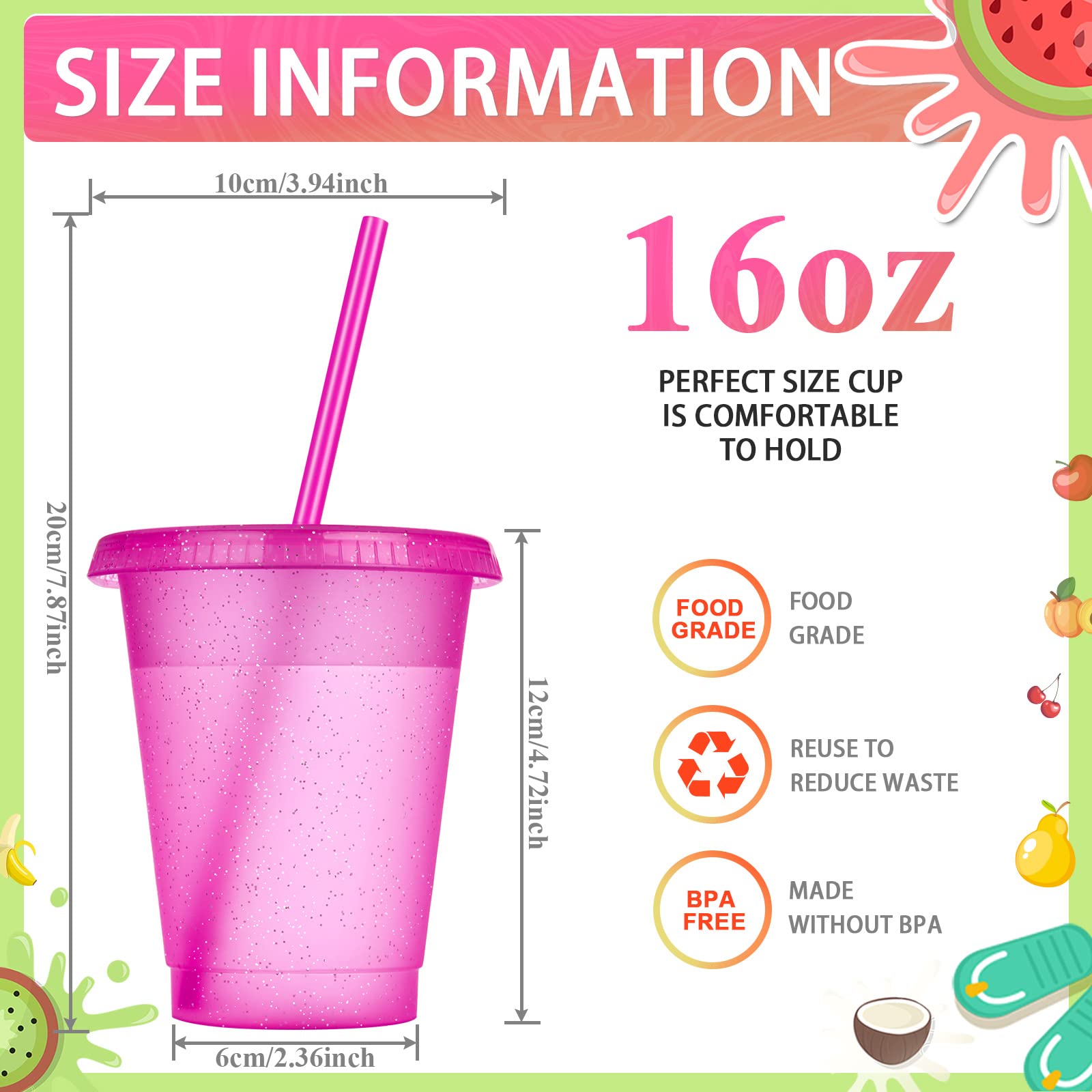 Cups with Straws and Lids Kids Tumbler with Straw Reusable Water Bottle Iced Coffee Travel Mug Cup Adults Plastic Cups for Parties Birthdays 16 oz (Bright Colors, 15 Pack)