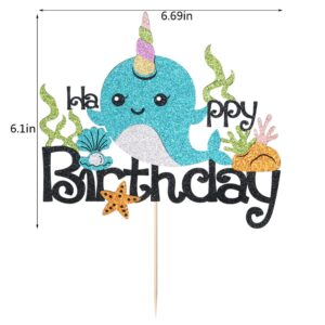 Bekaterea Narwhal Happy Birthday Cake Topper，Narwhal Baby Shower Decorations，Birthday Party Cake Decoration,Ocean Themed Party Cake Decor (blue1)