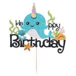 Bekaterea Narwhal Happy Birthday Cake Topper，Narwhal Baby Shower Decorations，Birthday Party Cake Decoration,Ocean Themed Party Cake Decor (blue1)