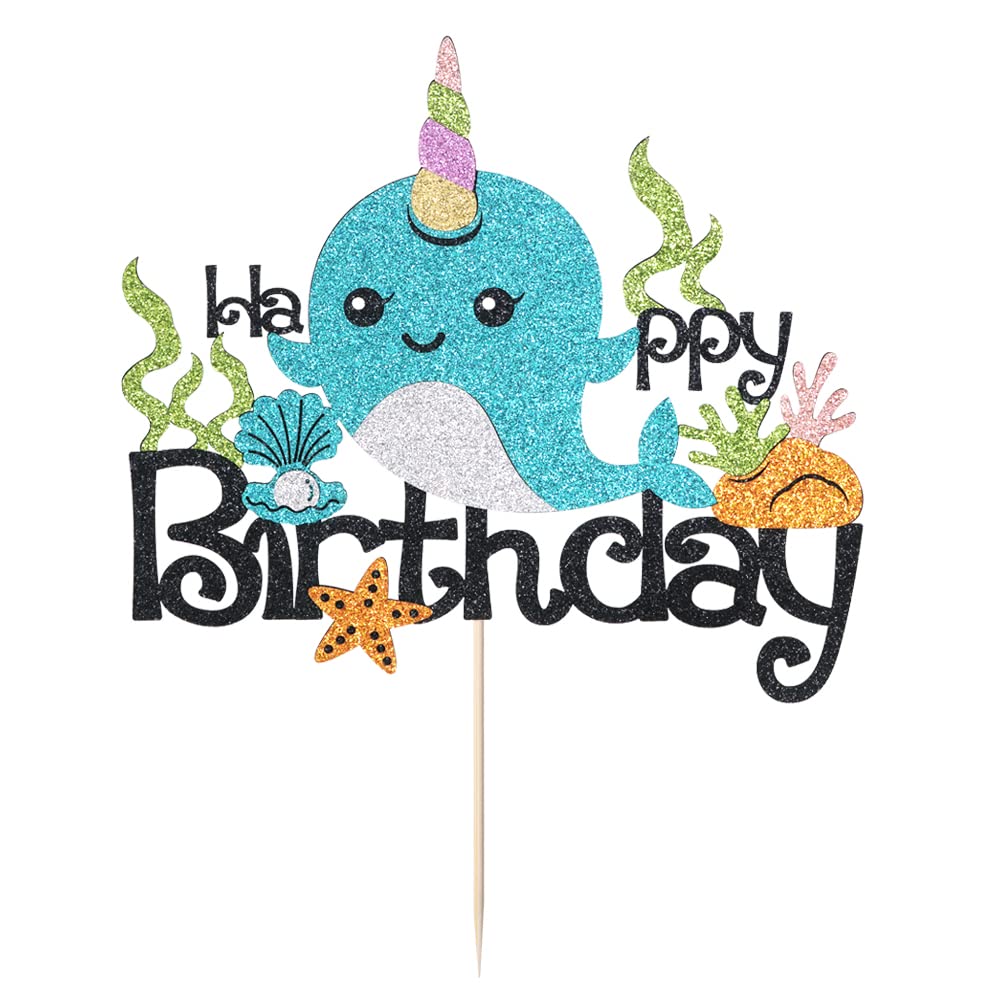 Bekaterea Narwhal Happy Birthday Cake Topper，Narwhal Baby Shower Decorations，Birthday Party Cake Decoration,Ocean Themed Party Cake Decor (blue1)