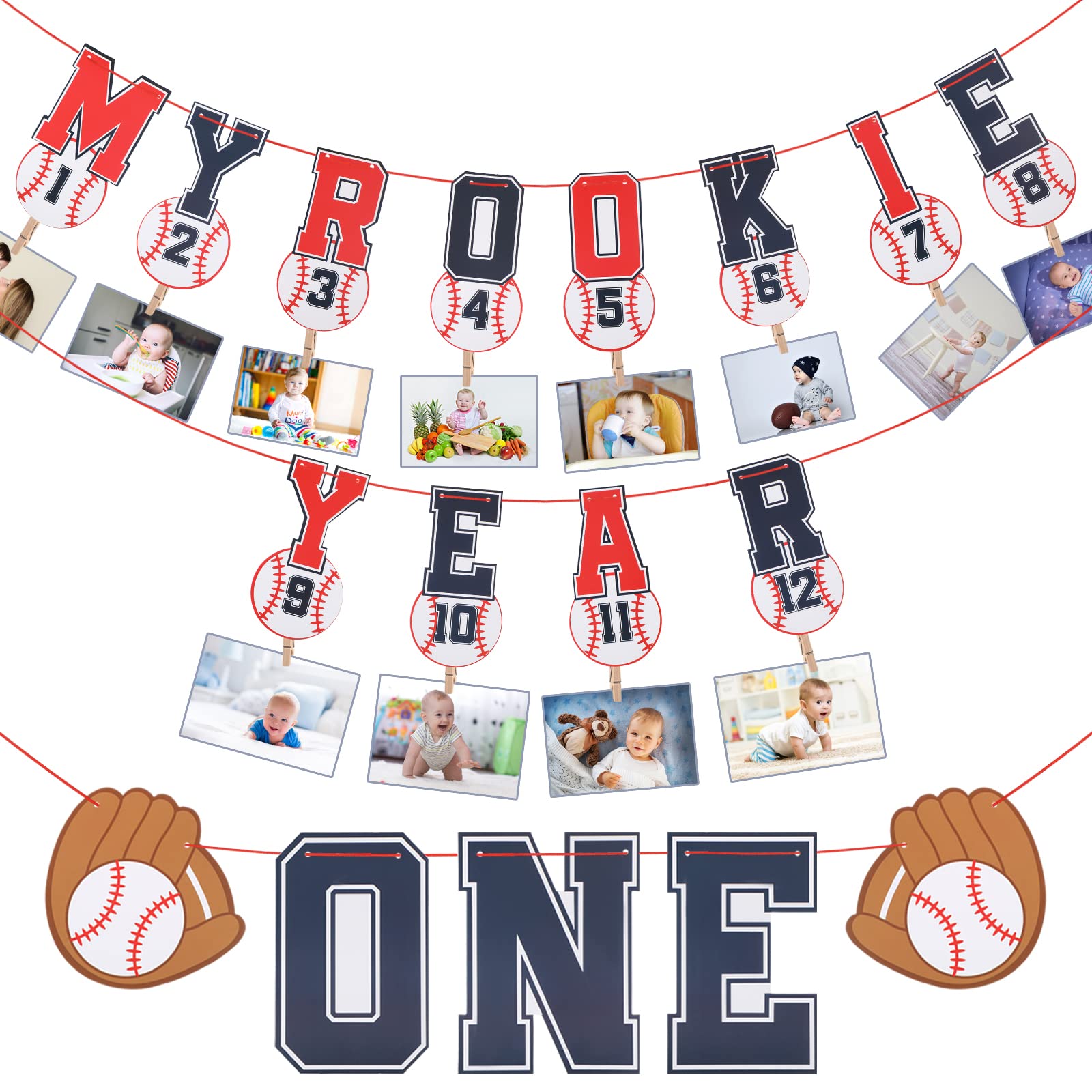 2 Pcs 1st Birthday Monthly Photo Banner Rookie of the Year 1st Birthday Banner Kid's 1st Year Picture Banner One Birthday High Chair Banner Sports Party Supplies Shower Decorations (Baseball)