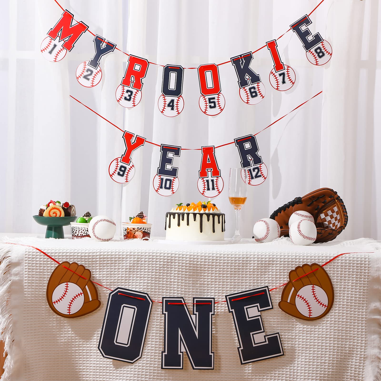 2 Pcs 1st Birthday Monthly Photo Banner Rookie of the Year 1st Birthday Banner Kid's 1st Year Picture Banner One Birthday High Chair Banner Sports Party Supplies Shower Decorations (Baseball)