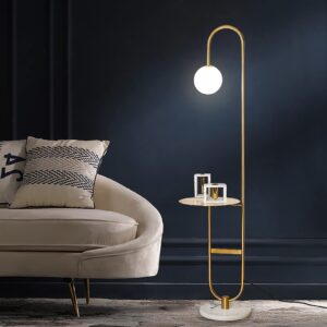 JKTOLKY LED Gold Floor Lamp, Marble Base Floor Lamp, Modern 60.2" Tall Standing Lamps for Living Room - Stand Up Arching Lamp with Black Double Shade and Marble Base for Bedrooms