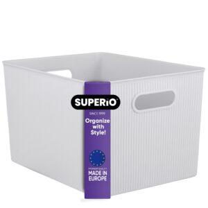 superio ribbed collection - decorative plastic open home storage bins organizer baskets, x-large white smoke (1 pack) container boxes for organizing closet shelves drawer shelf 22 liter/23 quart