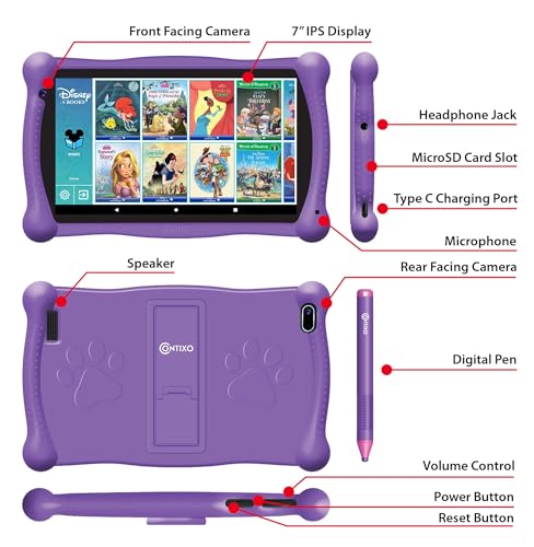 Contixo 7 inch Kids Learning Tablet, Bluetooth Kids Wireless Headphone and Tablet Bag Bundle with Teacher Approved apps and Parent Control - Purple Set