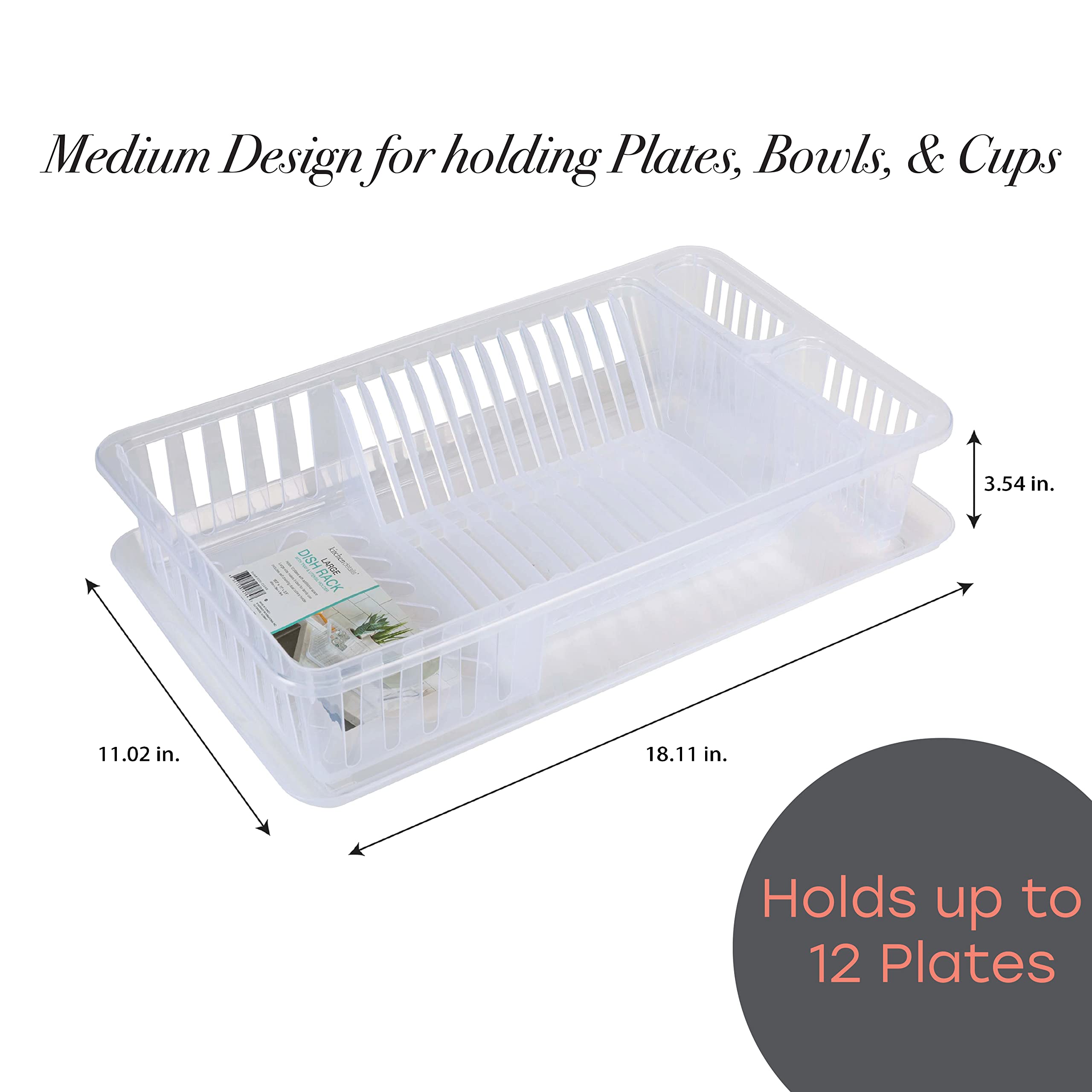 Kitchen Details Medium Dish Rack with Tray | Dimensions: 18.11" x 11.02" x 3.45" | Plastic | 12 Plate | Kitchen Accessories | Tray |Cutlery Basket | Clear | Sink Accessories | Clear