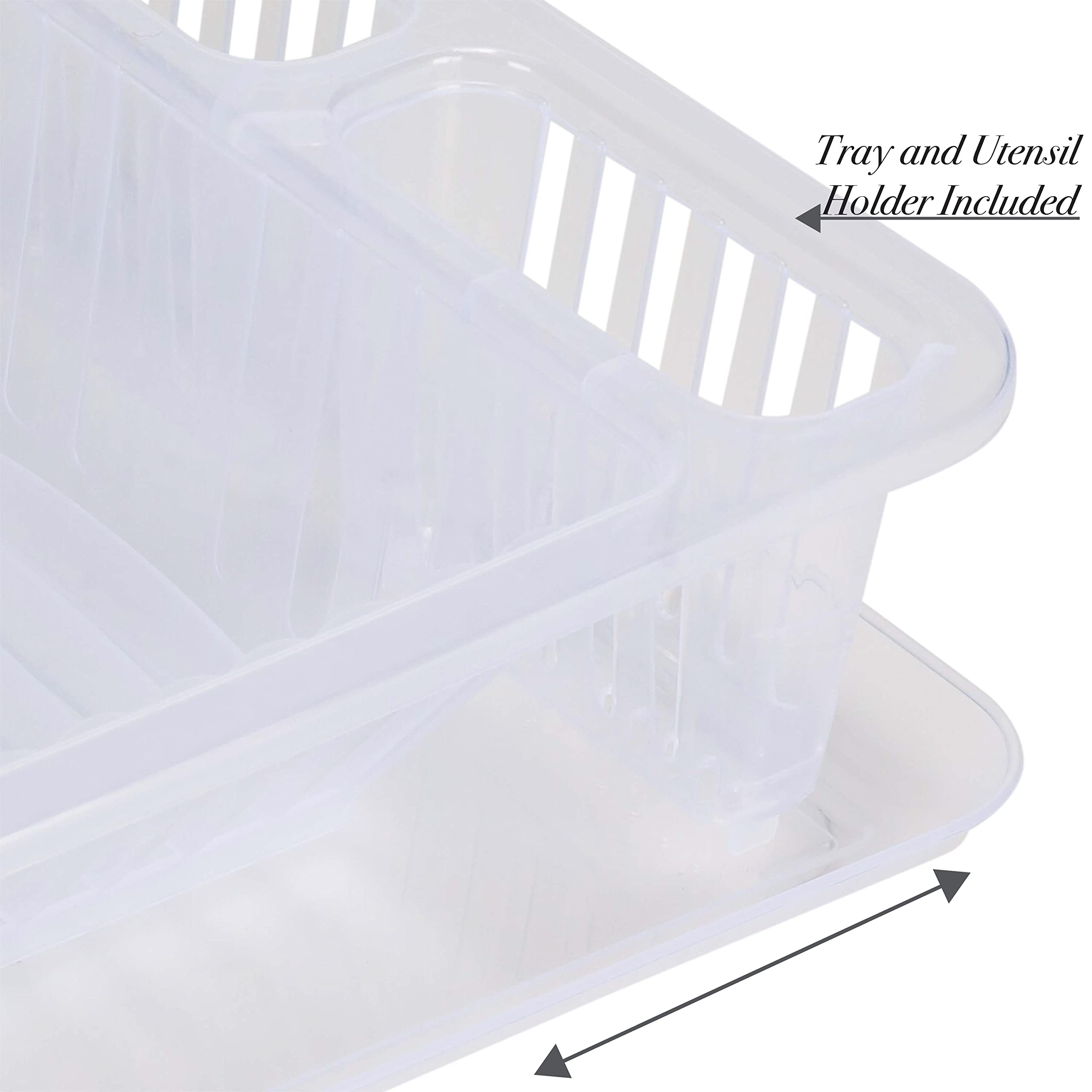 Kitchen Details Medium Dish Rack with Tray | Dimensions: 18.11" x 11.02" x 3.45" | Plastic | 12 Plate | Kitchen Accessories | Tray |Cutlery Basket | Clear | Sink Accessories | Clear